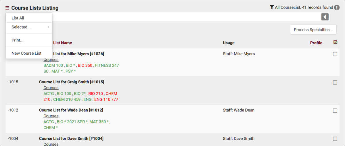 TracCloud: Course Lists - Redrock Wiki